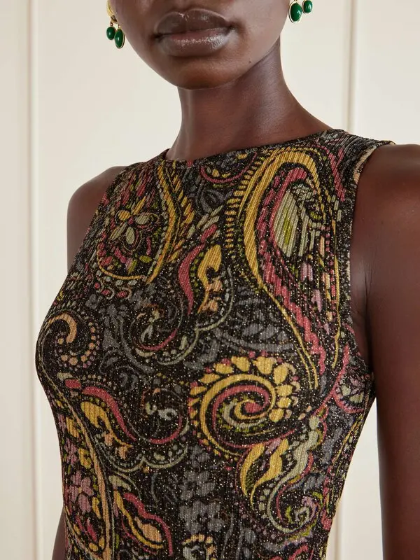 Etro Paisley-print Metallic Ribbed-knit Maxi Dress - Dark Green