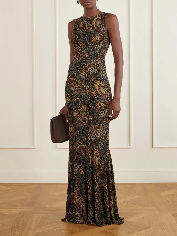 Etro Paisley-print Metallic Ribbed-knit Maxi Dress - Green