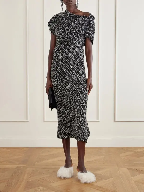 Erdem Asymmetric Cotton-blend Tweed Midi Dress