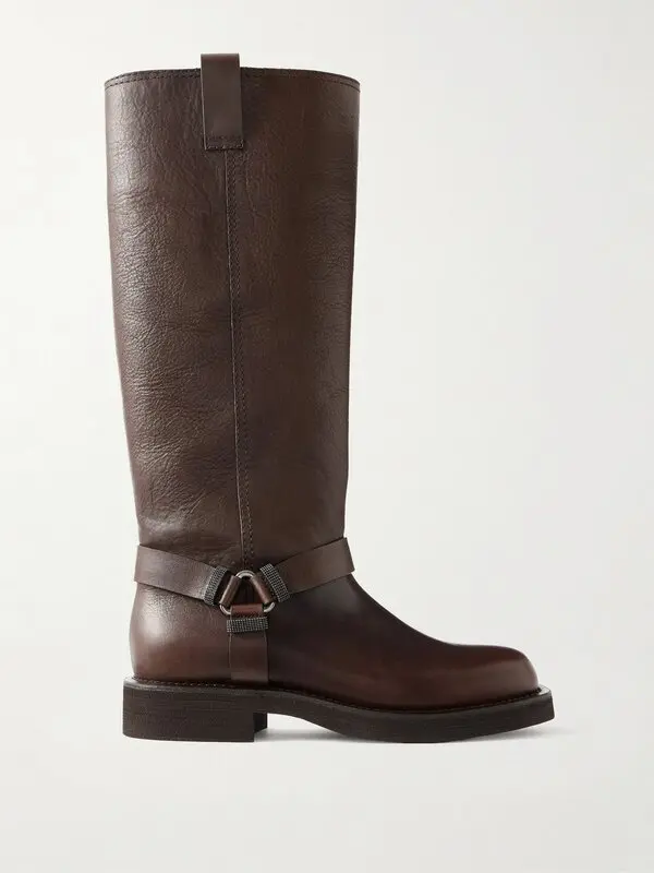 Brunello Cucinelli Leather Biker Boots With Monili Bead Embellishment - Brown