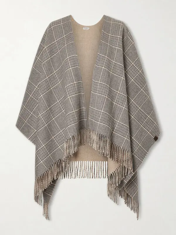 Brunello Cucinelli Fringed Prince-of-wales Checked Cashmere Wrap - Neutrals