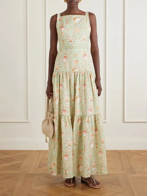 Agua Bendita Abeja Playa' Printed Linen Maxi Dress - Green