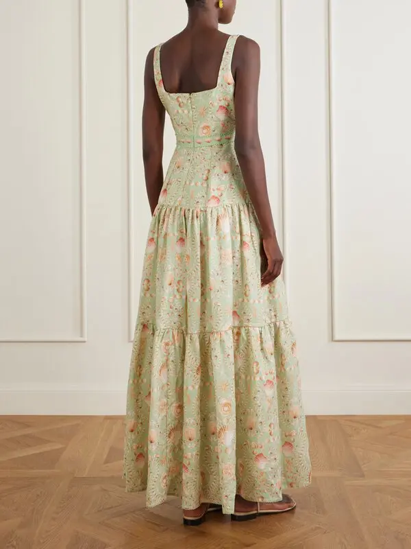 Agua Bendita Abeja Playa' Printed Linen Maxi Dress - Green