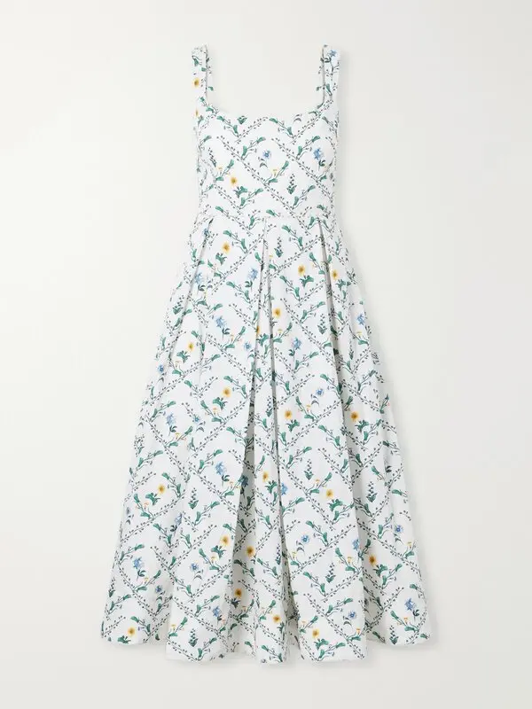 Agua Bendita Alcaparra Brisa Floral-print Embellished Cotton Midi Dress - Neutrals