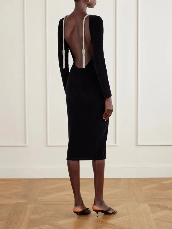 Balmain Embellished Open-back Ribbed Velvet Midi Dress