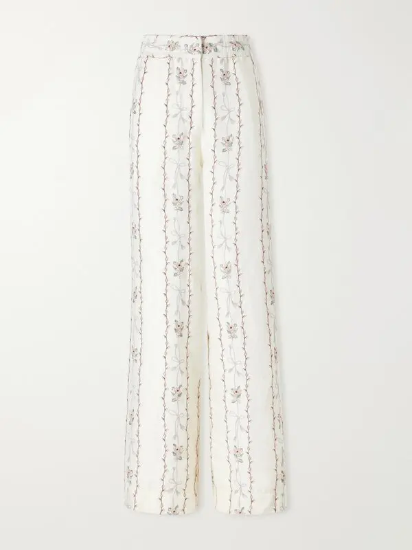 Agua Bendita Tota Navegante Floral Embroidered Linen Wide-leg Pants - Neutrals