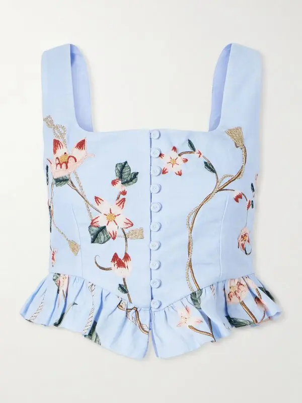 Agua Bendita Floral Embroidered Cropped Top - Blue