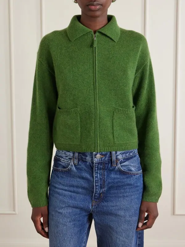 ALLUDE Cashmere Zip-up Cardigan - Green