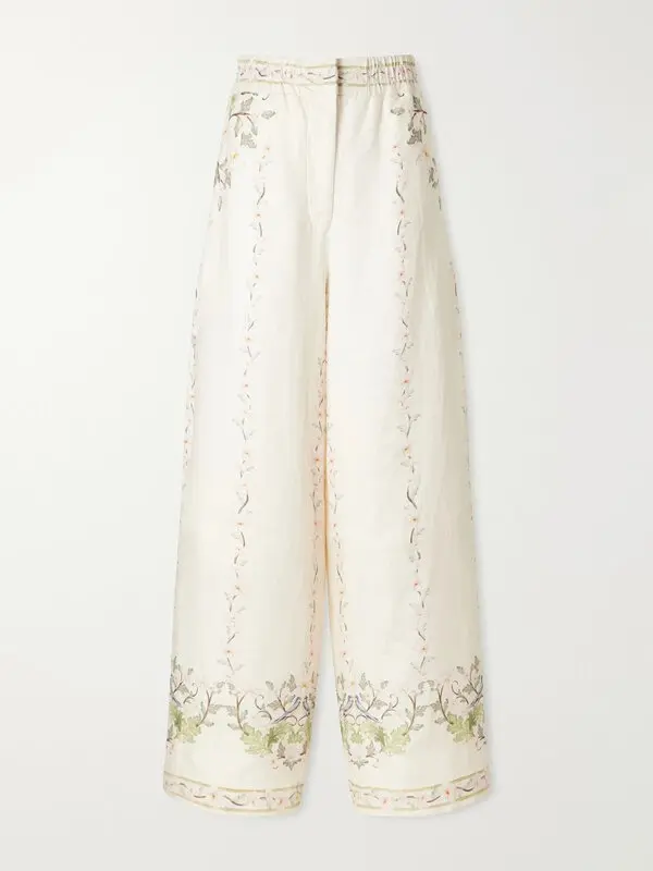Agua Bendita Floral Print Linen Trousers - Neutrals