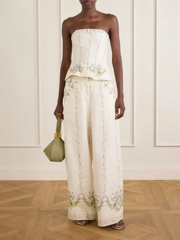 Agua Bendita Tota Anhelo Floral-printed Linen Straight-leg Pants - Neutrals