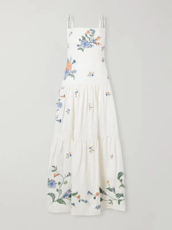 Agua Bendita Lima Brisa Floral Embroidered Linen Maxi Dress - Neutrals