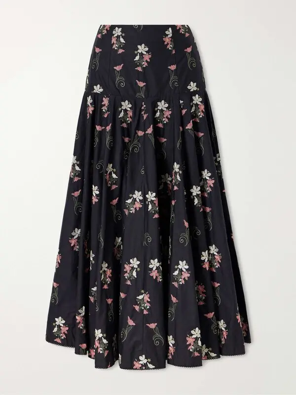 Agua Bendita Nacar Noche Floral-embroidery Cotton Maxi Skirt - Black