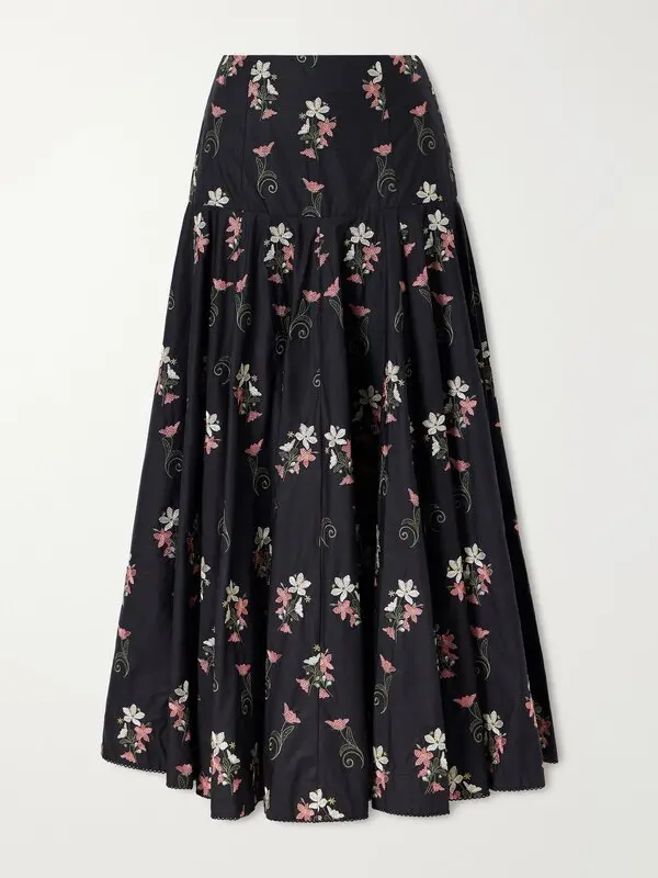 Agua Bendita Floral-embroidered Cotton Maxi Skirt - Black