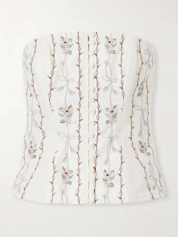 Agua Bendita Abelia Navegante Floral-embroidered Linen Corset Top - Cream