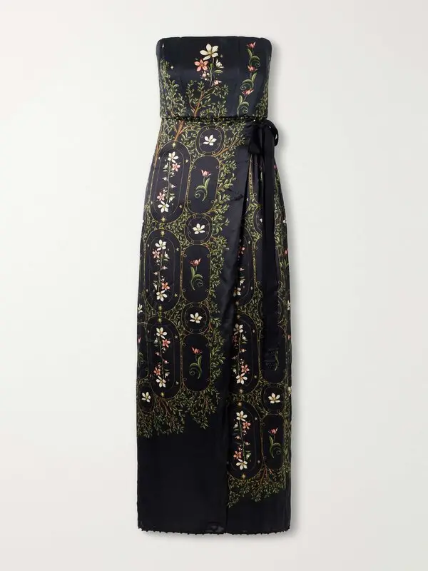 Agua Bendita Floral-print Embellished Satin Midi Dress - Black