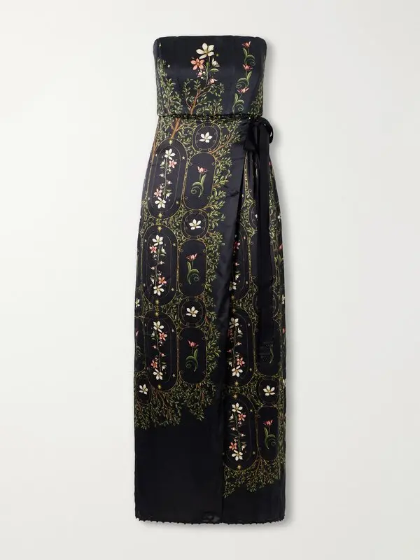 Agua Bendita Floral-print Embellished Satin Midi Dress - Black