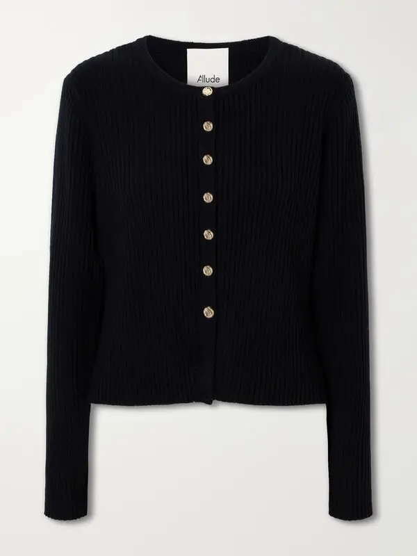 ALLUDE Ribbed Wool And Cashmere-blend Cropped Cardigan With Gold-tone Buttons - Black
