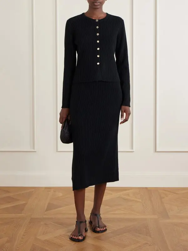 ALLUDE Ribbed Wool And Cashmere-blend Cropped Cardigan With Gold-tone Buttons - Black