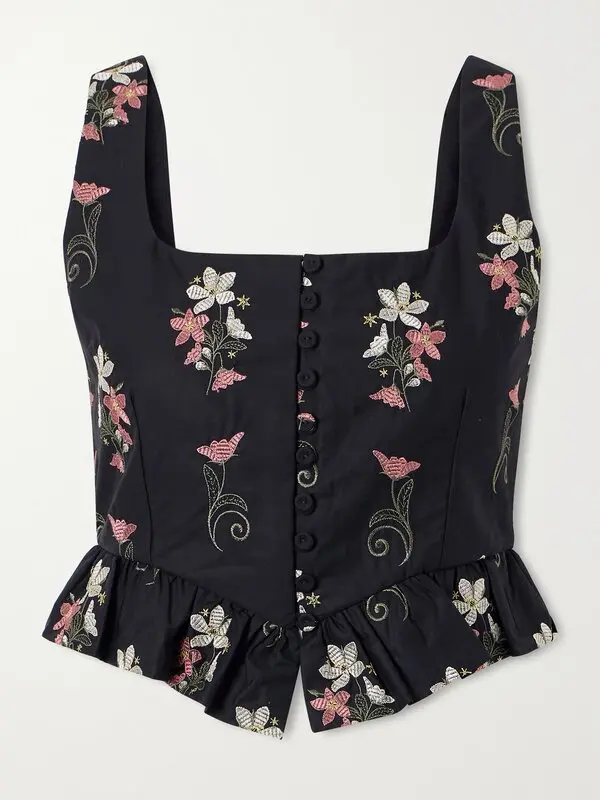 Agua Bendita Floral Embroidered Cropped Top - Black