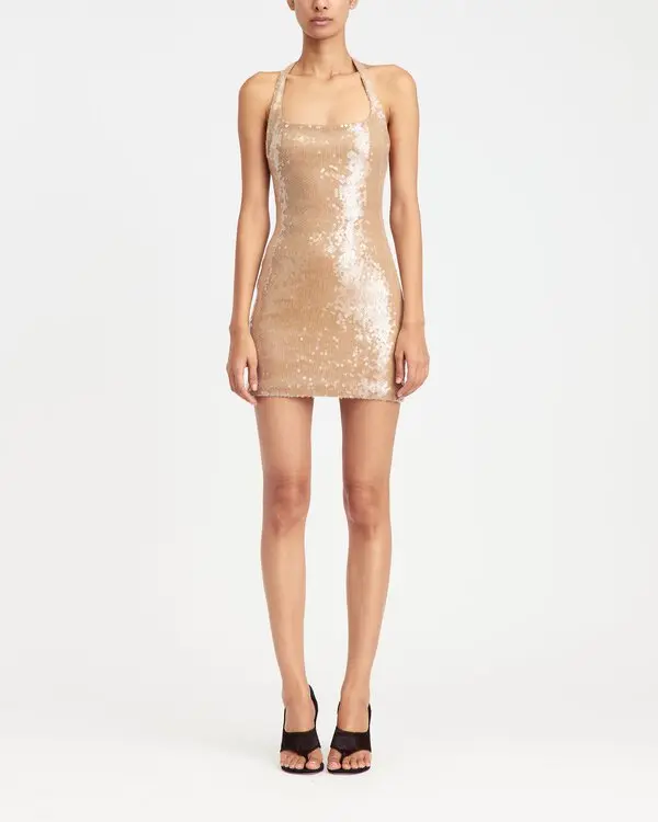 16Arlington Syre Mini Dress With Halterneck And Satin Ties - Beige