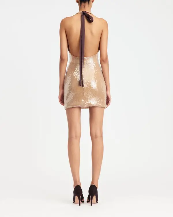 16Arlington Syre Mini Dress With Halterneck And Satin Ties - Beige