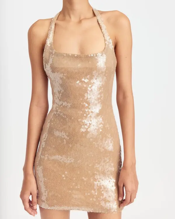 16Arlington Syre Mini Dress With Halterneck And Satin Ties - Beige