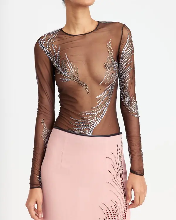 16Arlington Darwin Sheer Crystal Appliqué Top - Brown