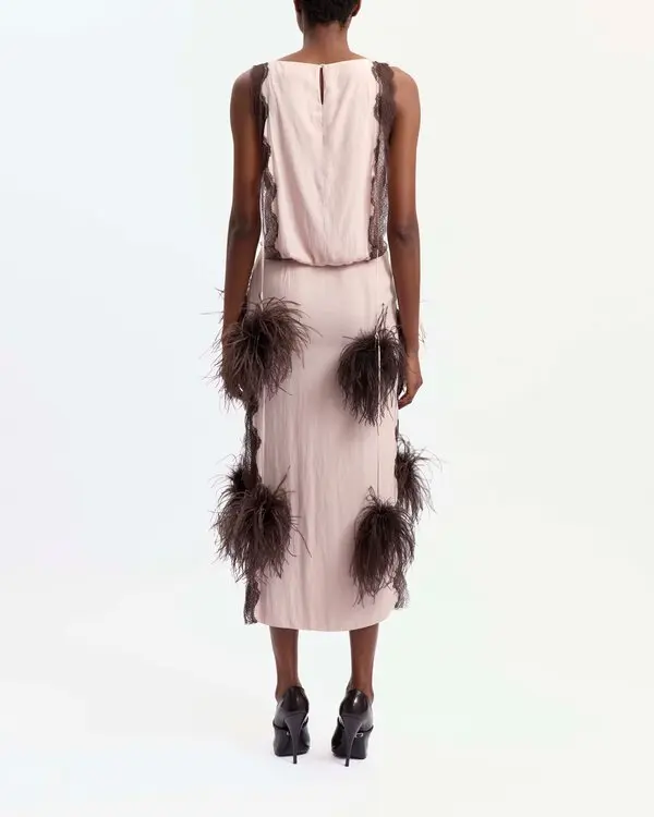 16Arlington Romina Dress With Feather And Lace Trim - Blush Pink