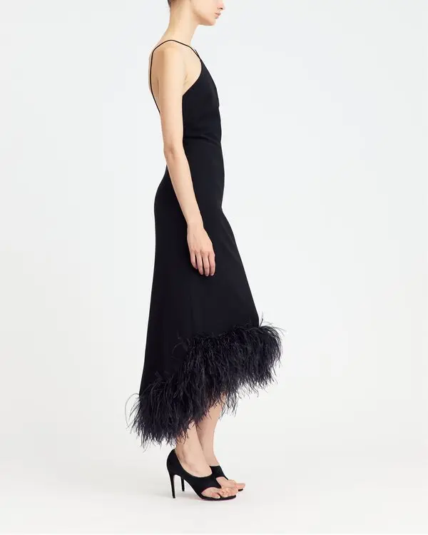 16Arlington Ade Midi Dress With Feather Trim - Black