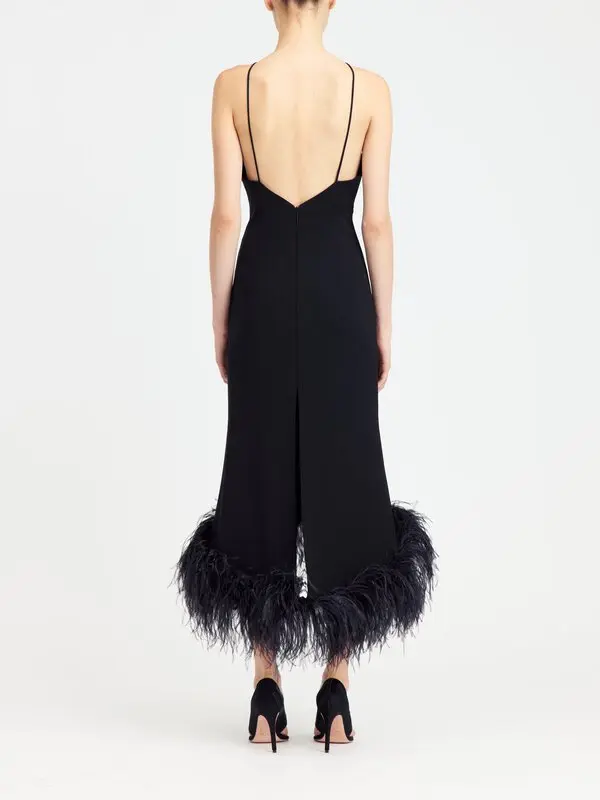 16Arlington Ade Midi Dress With Feather Trim - Black