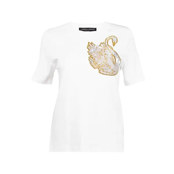 HOUSE OF LAINES LONDON White / Gold Laines Couture Embellished Swan T-shirt White - White/gold