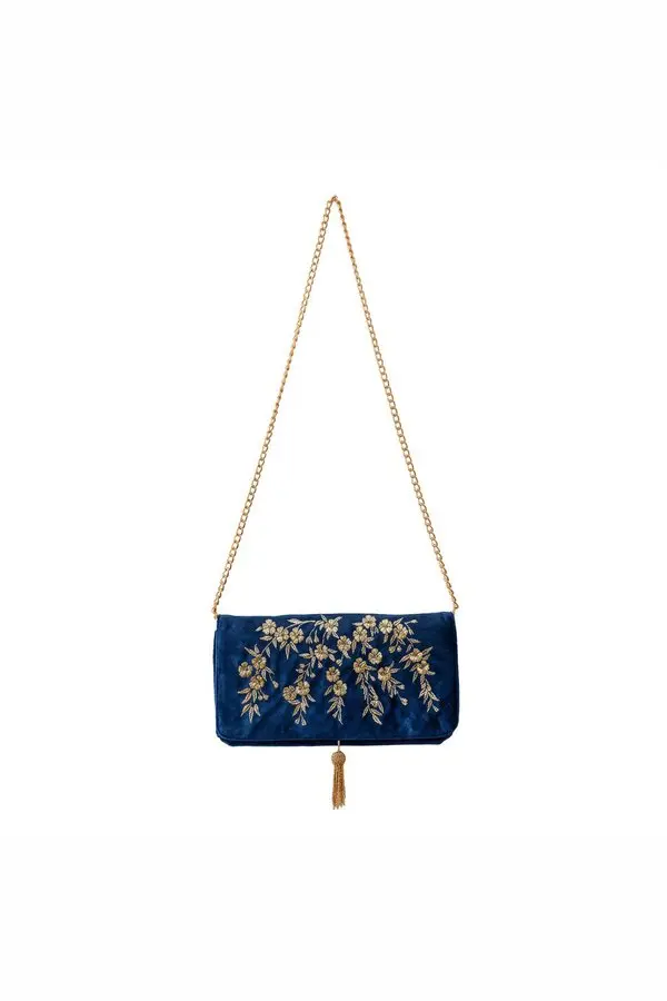 ARTEMIS MUSE Japanese Blossoms Embroidered Velvet Clutch - Blue