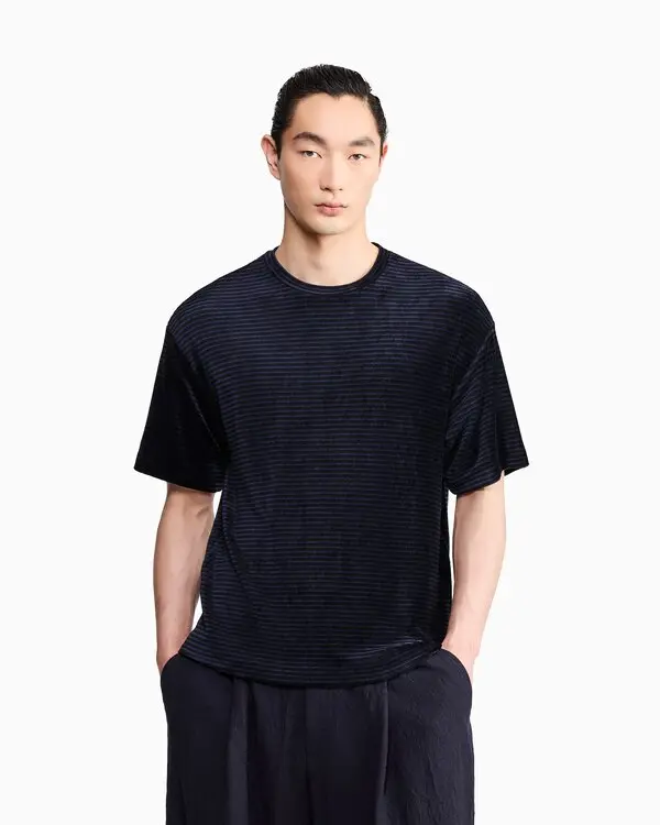 Giorgio Armani T-shirt Regular Fit In Striped Jacquard Chenille Jersey - Blue