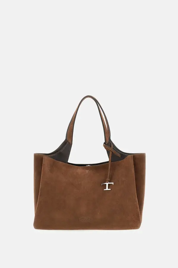 TOD'S Medium Suede Leather Bag With T Timeless Pendant - Marrone