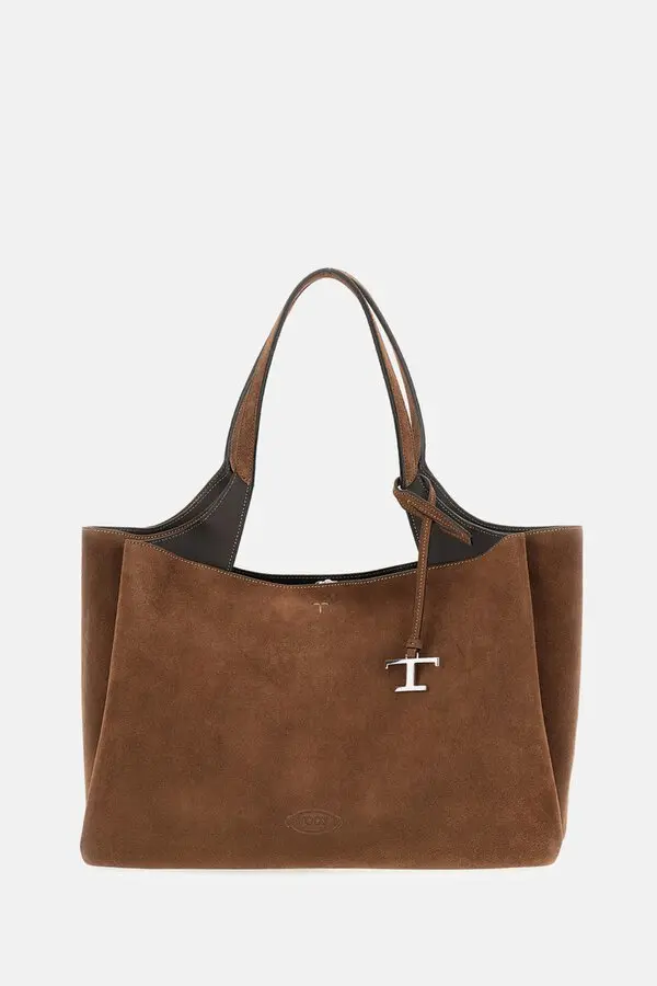 TOD'S Medium Suede Leather Bag With T Timeless Pendant - Marrone