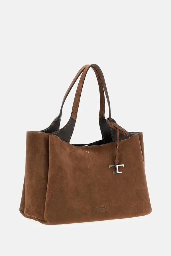 TOD'S Medium Suede Leather Bag With T Timeless Pendant - Marrone