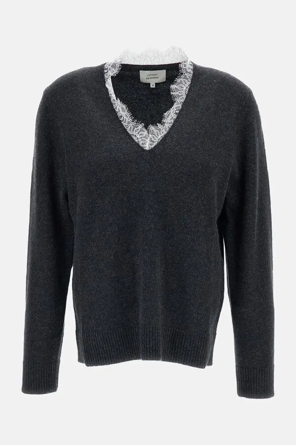 Loulou De Saison Leyla Cashmere Sweater With Lace Detail - Grey
