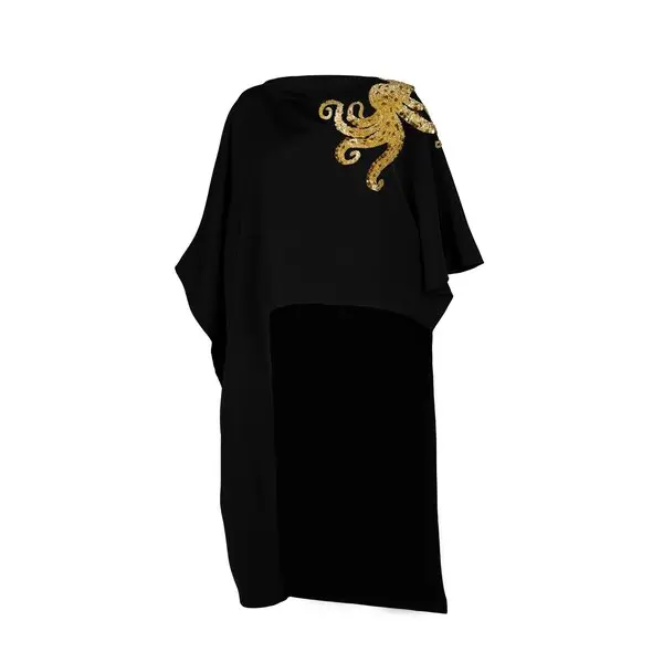 HOUSE OF LAINES LONDON Black / Gold Couture Asymmetric Cape Style Top With Embellished Gold Octopus - Black/gold