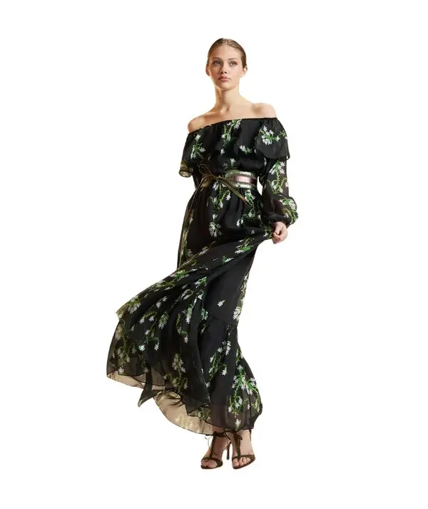 Cynthia Rowley Off-the-shoulder Silk Maxi Dress With Ruffled Neckline