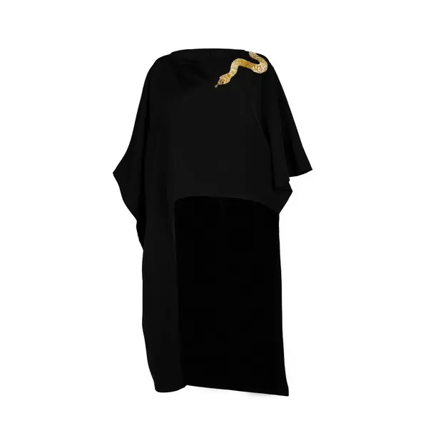HOUSE OF LAINES LONDON Black / Gold Couture Asymmetric Cape Style Top With Embellished Gold Shoulder Snake - Black/gold