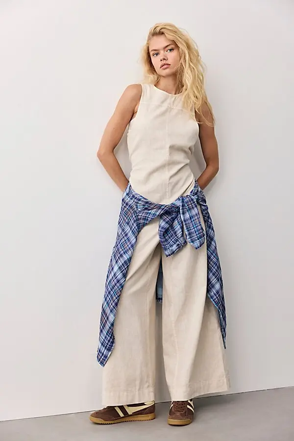 Free People Linen Jumpsuit With Open Back And Wide Legs - Birch