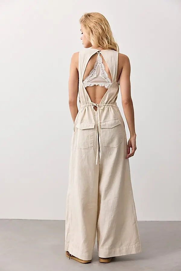 Free People Linen Jumpsuit With Open Back And Wide Legs - Birch