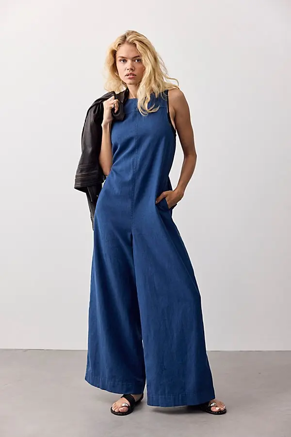Free People Do No Wrong Linen Jumpsuit - Navy
