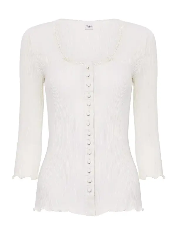 Chloé Fitted Ribbed Cotton And Silk Jersey Top With Decorative Trim - Cream