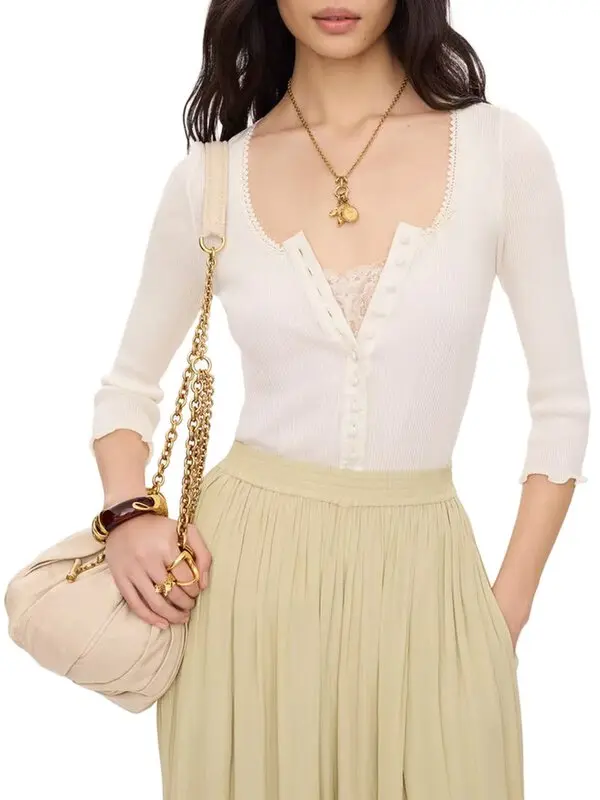 Chloé Fitted Ribbed Cotton And Silk Jersey Top With Decorative Trim - Cream