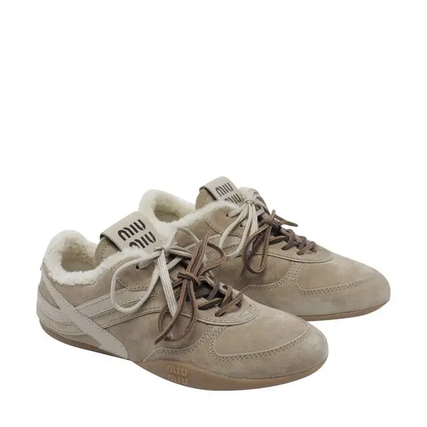 Miu Miu Suede And Shearling Trimmed Lace-up Sneakers - Cream
