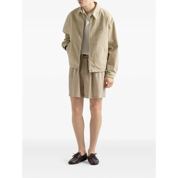 Prada Washed And Garment-dyed Calfskin And Cotton Shirt Jacket - Cream