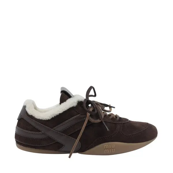 Miu Miu Suede And Shearling Sneakers - Brown