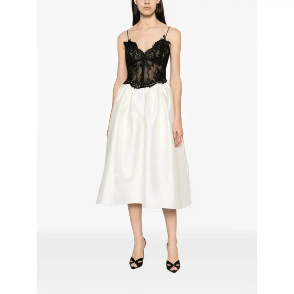 SELF-PORTRAIT Lace Bodice Satin Skirt Dress - Cream
