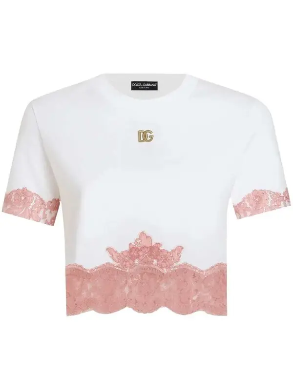 Dolce & Gabbana Cropped T-shirt With Dg Logo And Lace Trim - White